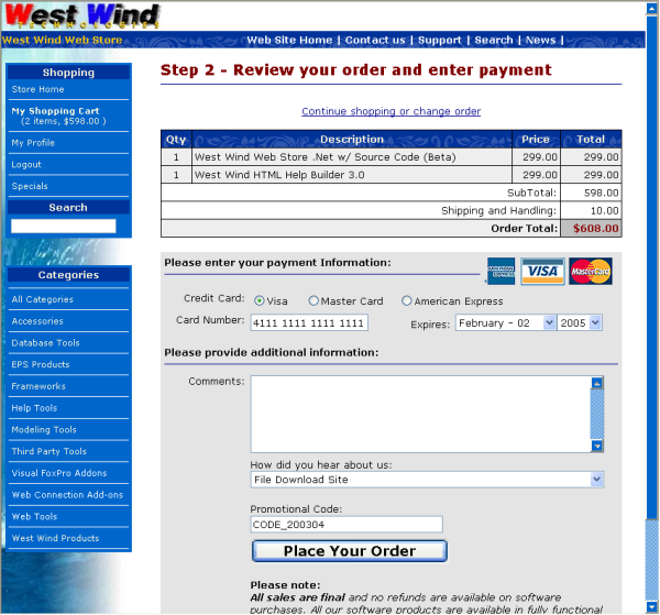 Placing the order - OrderForm.aspx - West Wind Web Store .NET