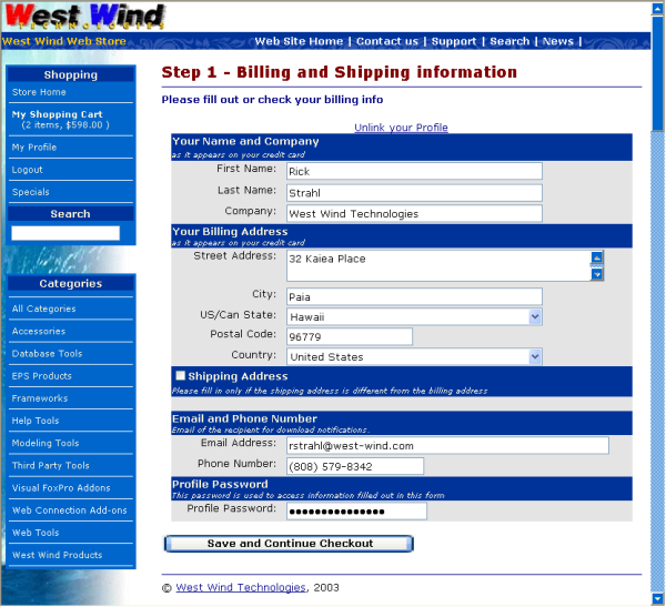 Collecting Customer Info - OrderProfile.aspx - West Wind Web Store .NET